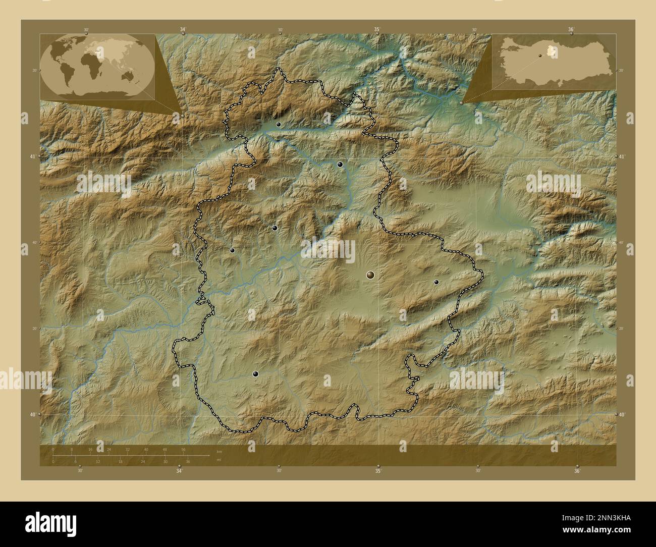 Corum, province of Turkiye. Colored elevation map with lakes and rivers ...