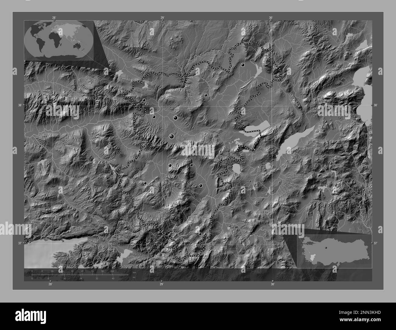 Denizli, province of Turkiye. Bilevel elevation map with lakes and ...