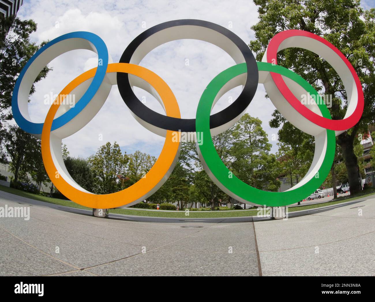 A photo shows a five-ring Olympic emblem in front of National Stadium ...