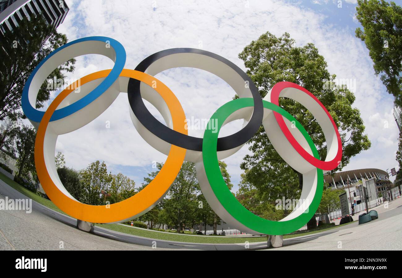 A photo shows a five-ring Olympic emblem in front of National Stadium ...