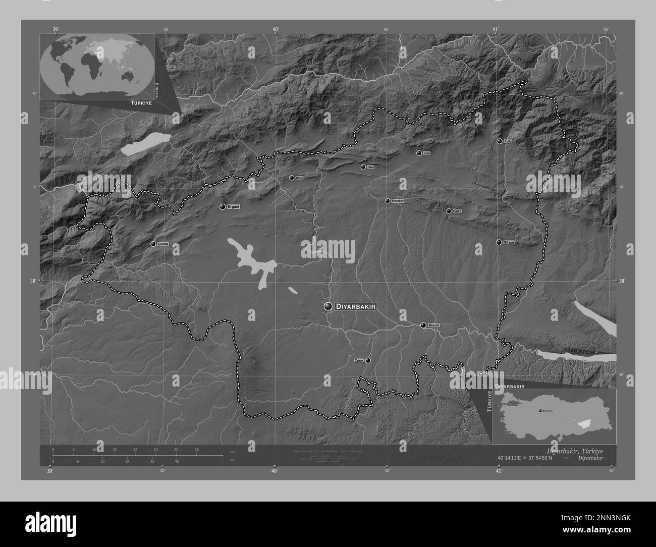 Diyarbakir, province of Turkiye. Grayscale elevation map with lakes and ...