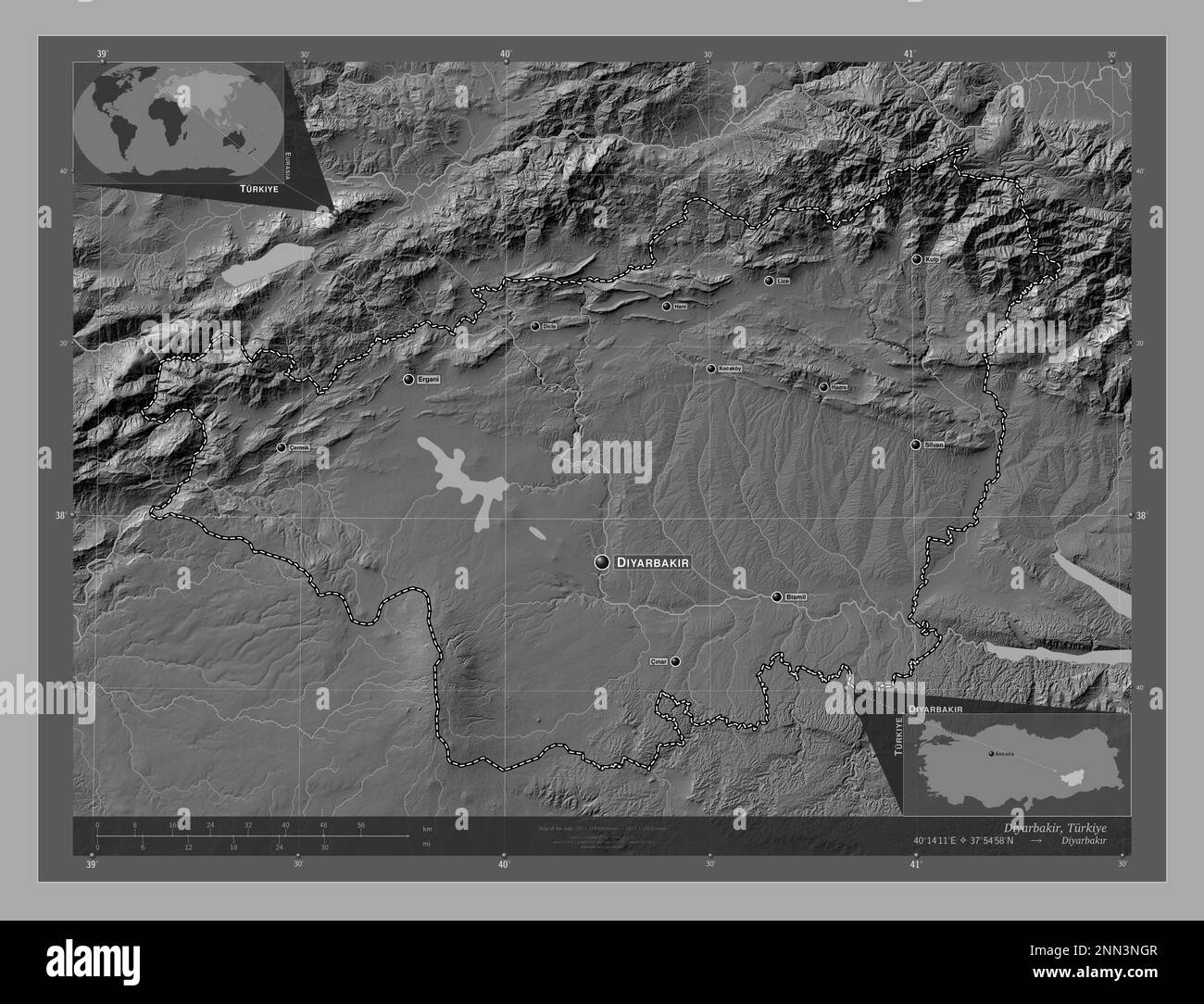 Diyarbakir, province of Turkiye. Bilevel elevation map with lakes and ...