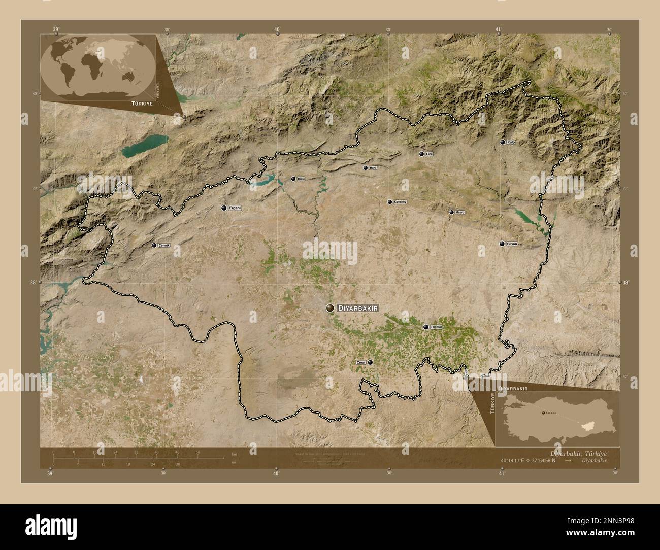 Diyarbakir, province of Turkiye. Low resolution satellite map ...