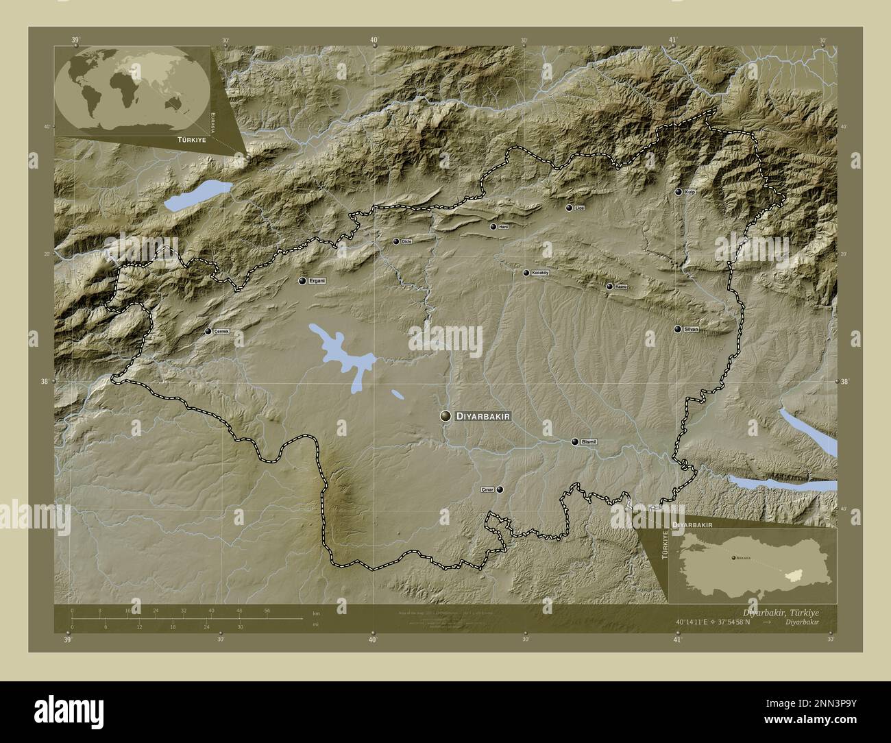 Diyarbakir, province of Turkiye. Elevation map colored in wiki style ...