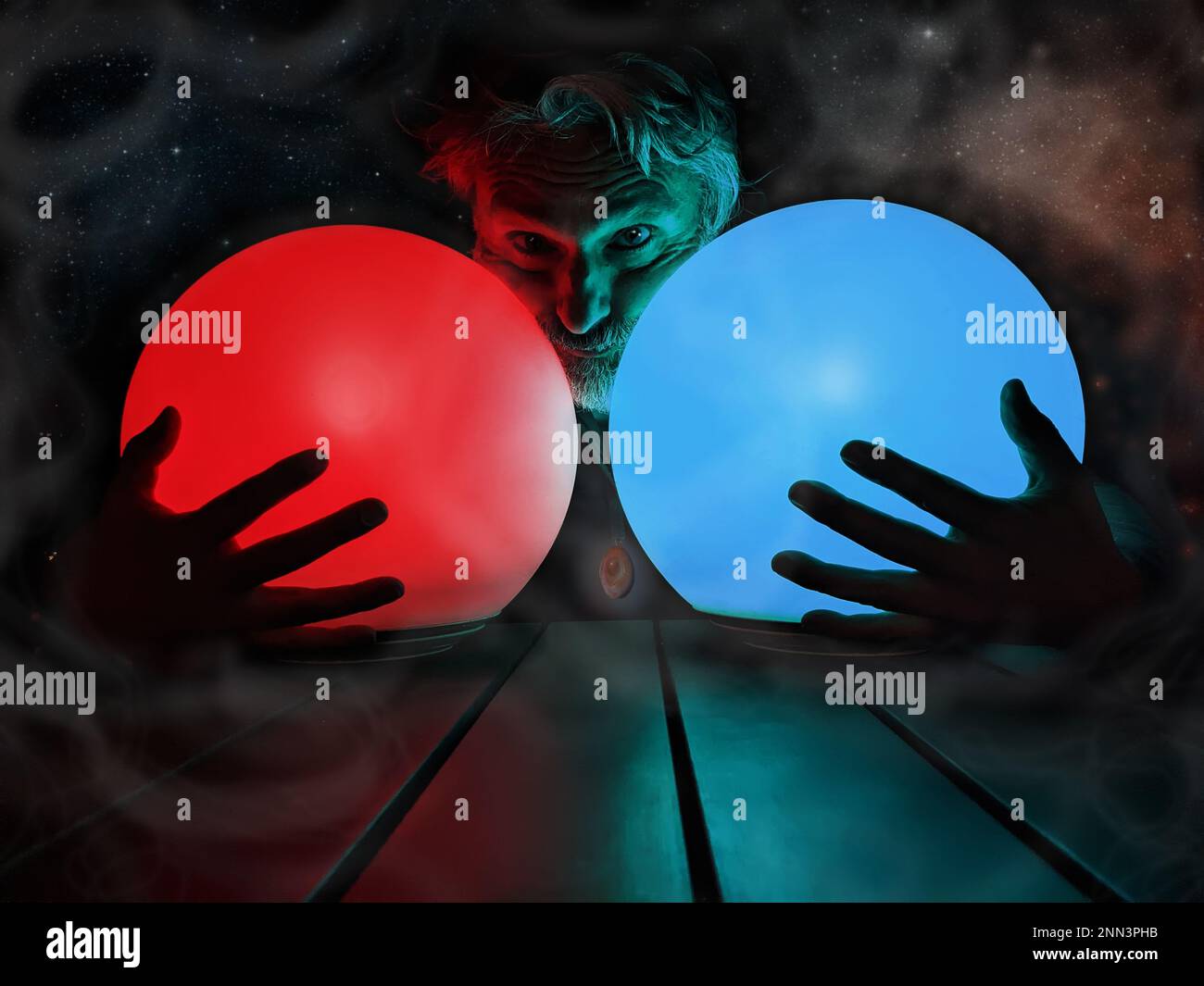 Wizard with colorful magic balls over starry night background Stock ...