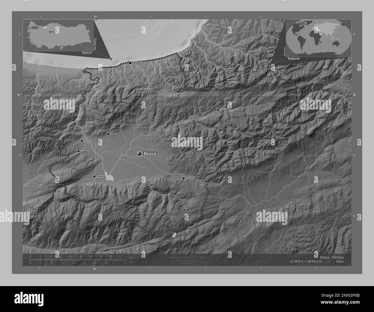 Duzce, province of Turkiye. Grayscale elevation map with lakes and ...