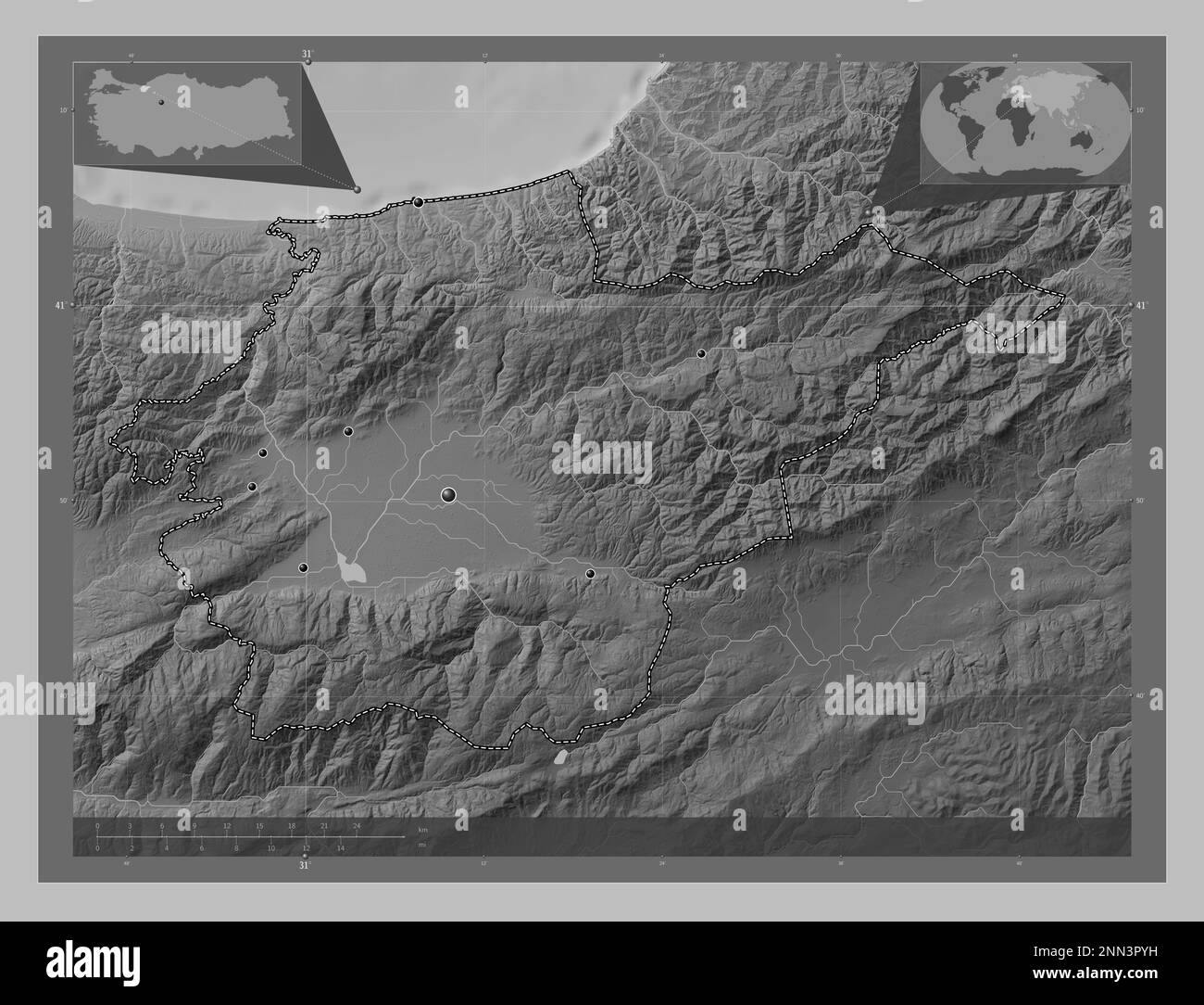 Duzce, province of Turkiye. Grayscale elevation map with lakes and ...