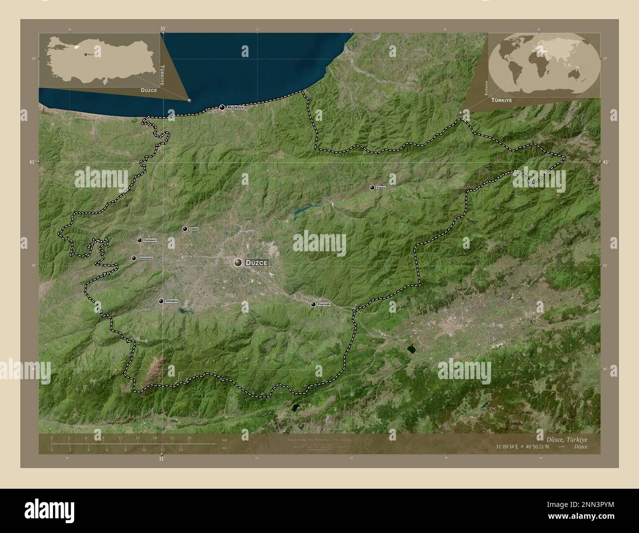 Duzce, province of Turkiye. High resolution satellite map. Locations ...