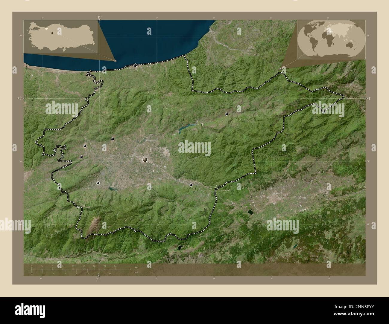 Duzce, province of Turkiye. High resolution satellite map. Locations of ...