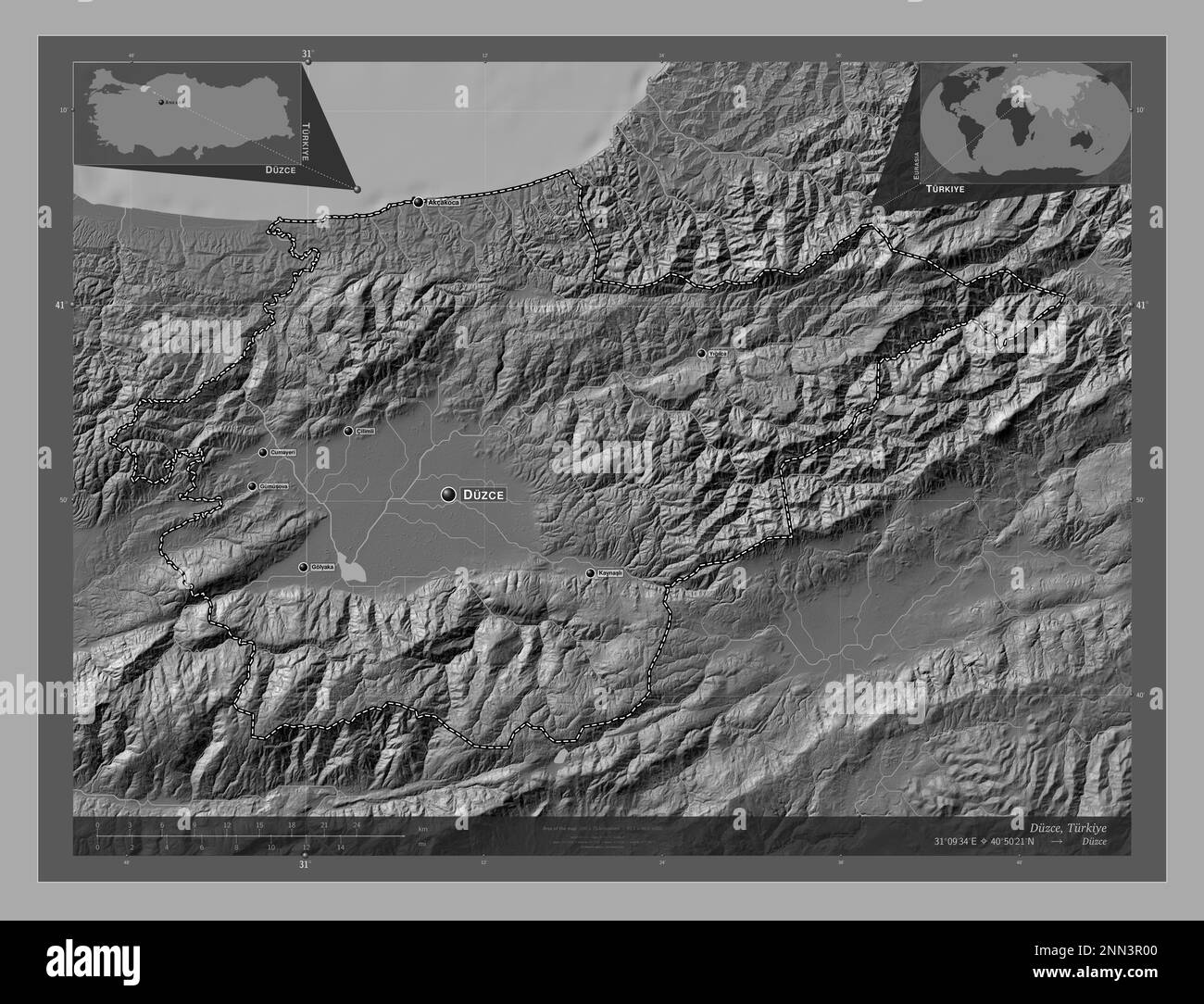 Duzce, province of Turkiye. Bilevel elevation map with lakes and rivers ...