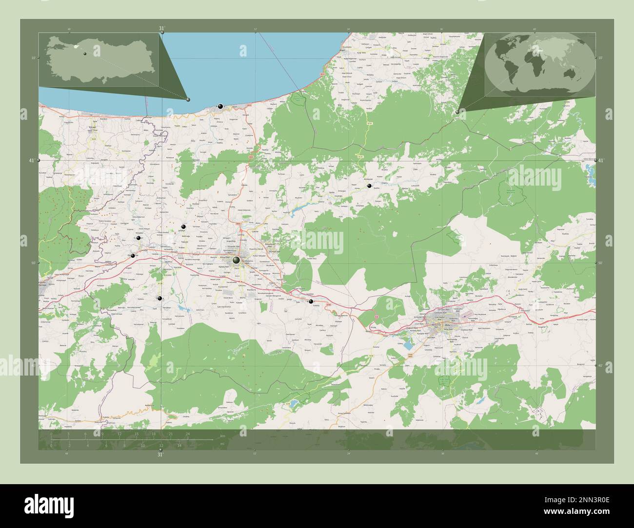 Duzce, province of Turkiye. Open Street Map. Locations of major cities ...