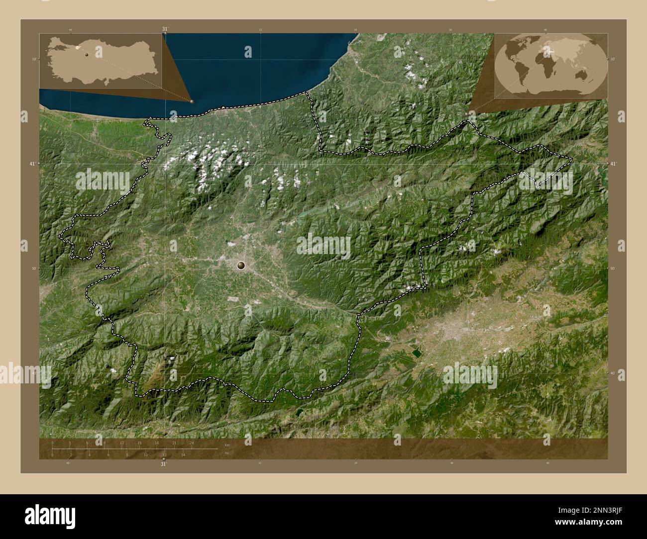 Duzce, province of Turkiye. Low resolution satellite map. Corner ...
