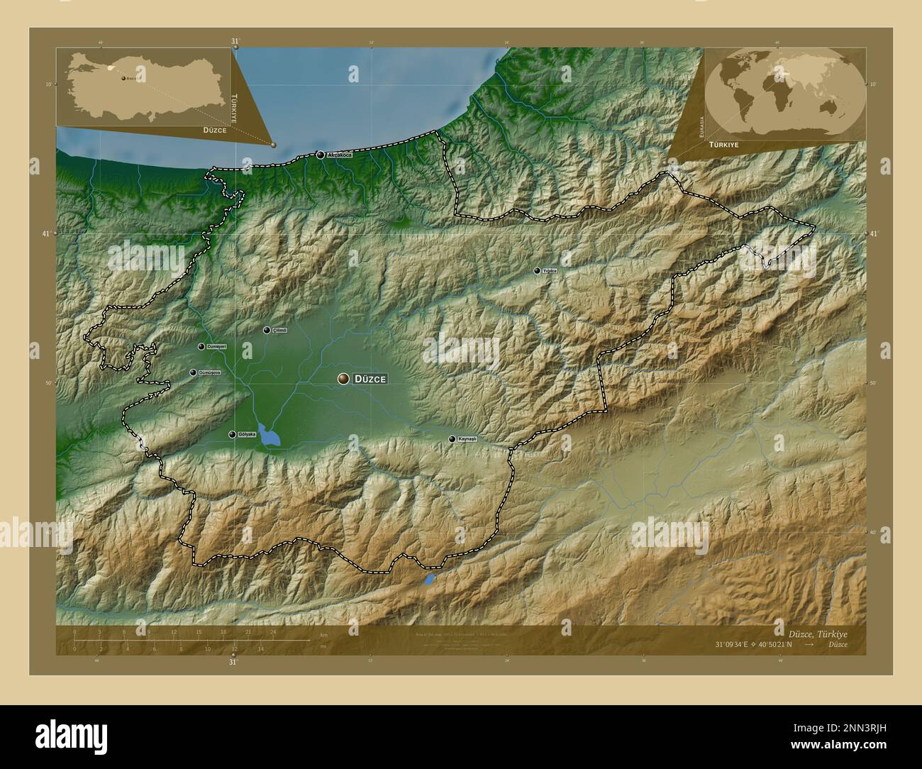Duzce, province of Turkiye. Colored elevation map with lakes and rivers ...