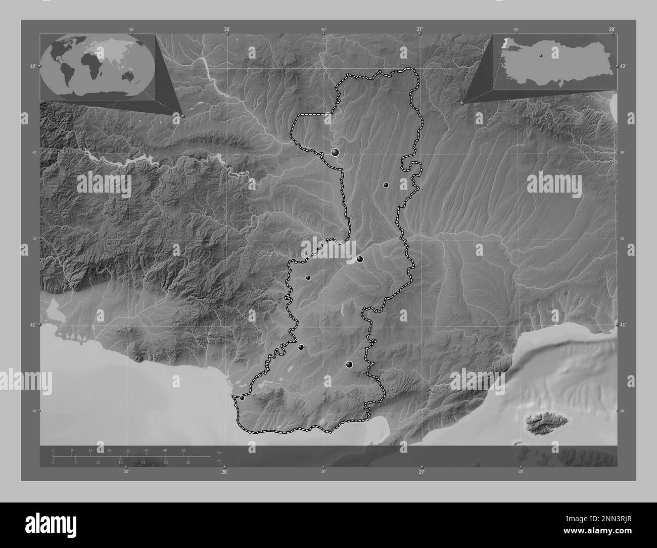 Edirne, province of Turkiye. Grayscale elevation map with lakes and ...