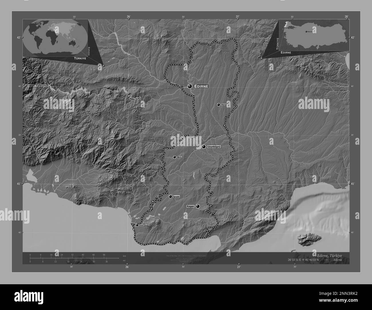 Edirne, province of Turkiye. Bilevel elevation map with lakes and ...