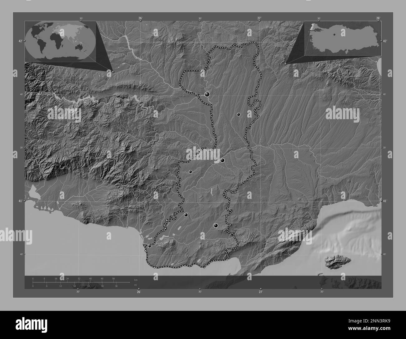 Edirne, province of Turkiye. Bilevel elevation map with lakes and ...