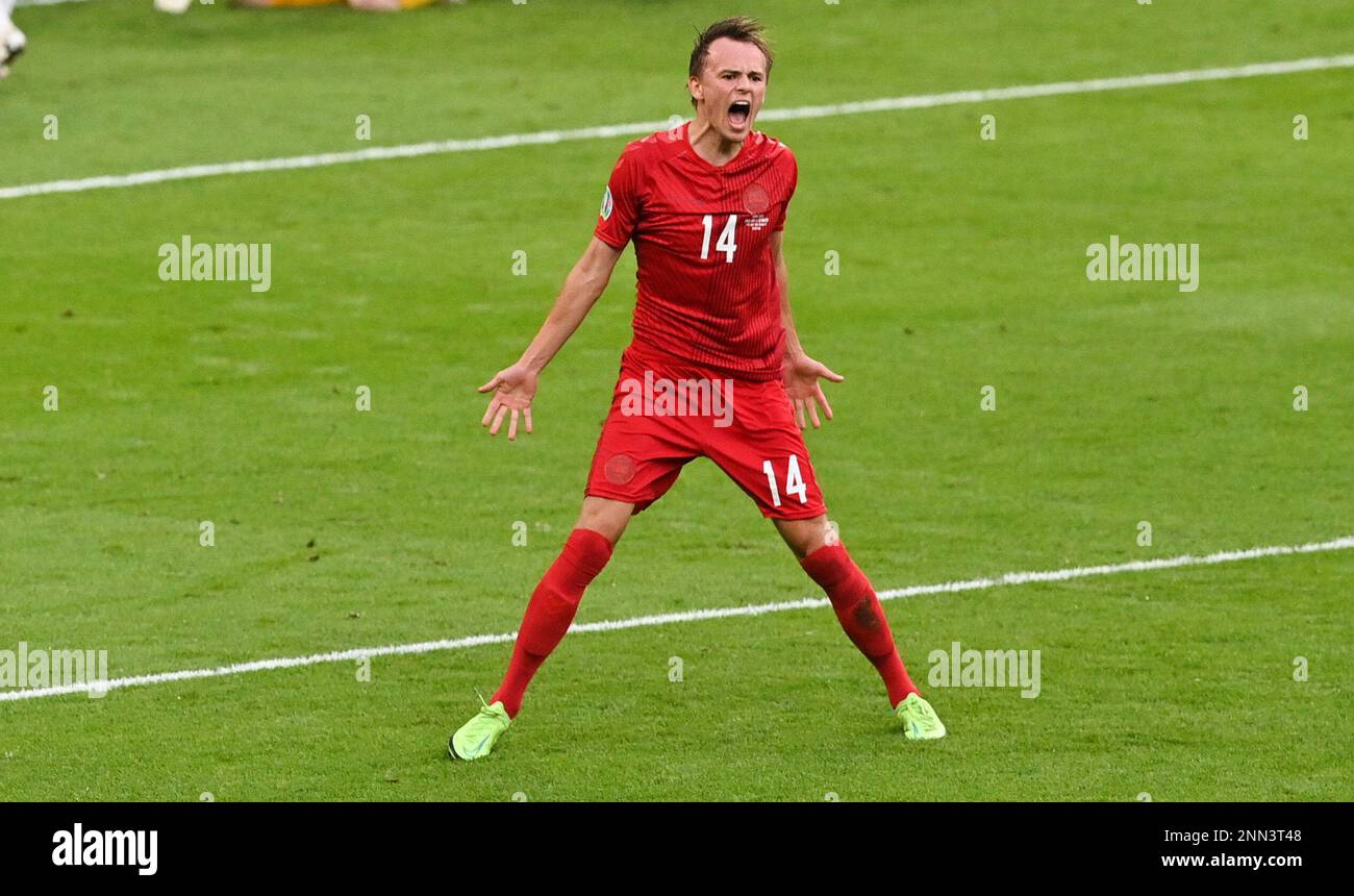 Denmark's Mikkel Damsgaard celebrates after scoring his team's first ...