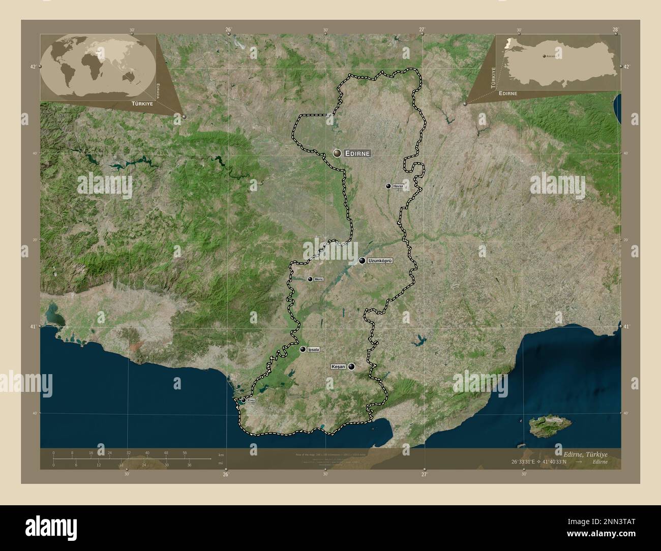 Edirne, province of Turkiye. High resolution satellite map. Locations ...