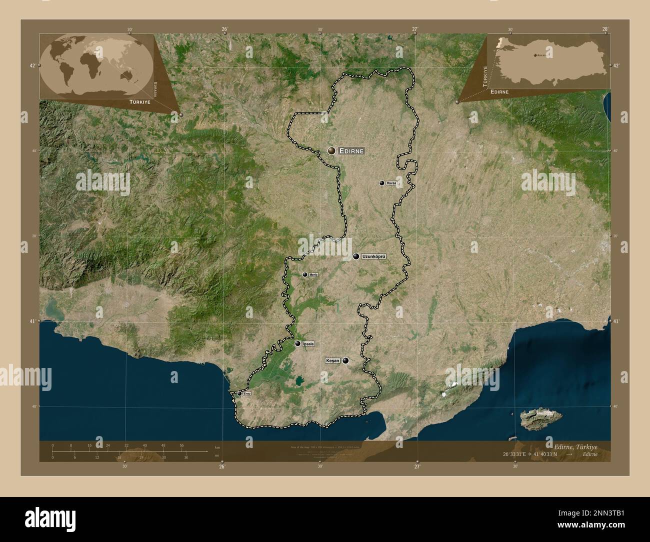 Edirne, province of Turkiye. Low resolution satellite map. Locations ...