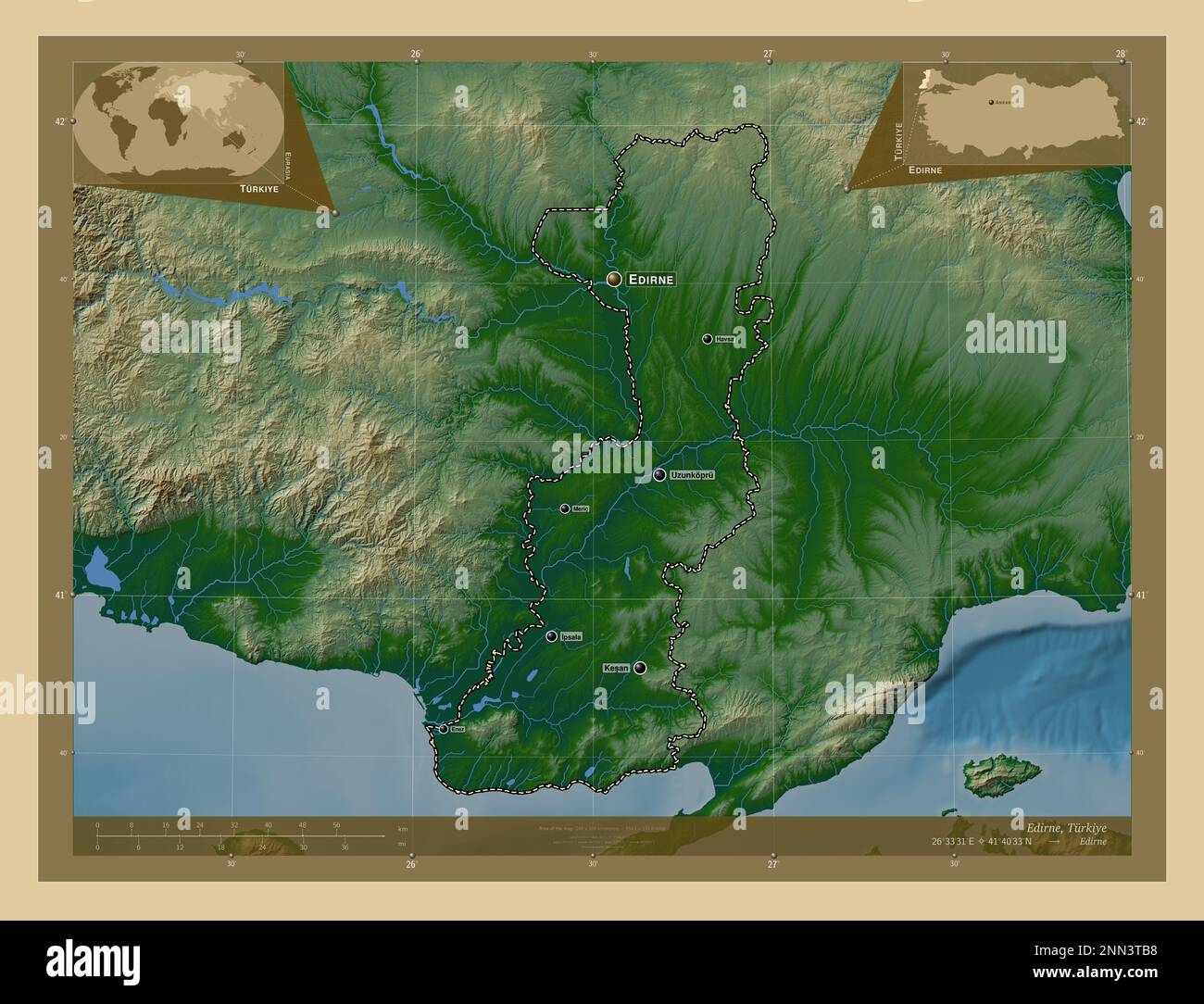 Edirne, province of Turkiye. Colored elevation map with lakes and ...