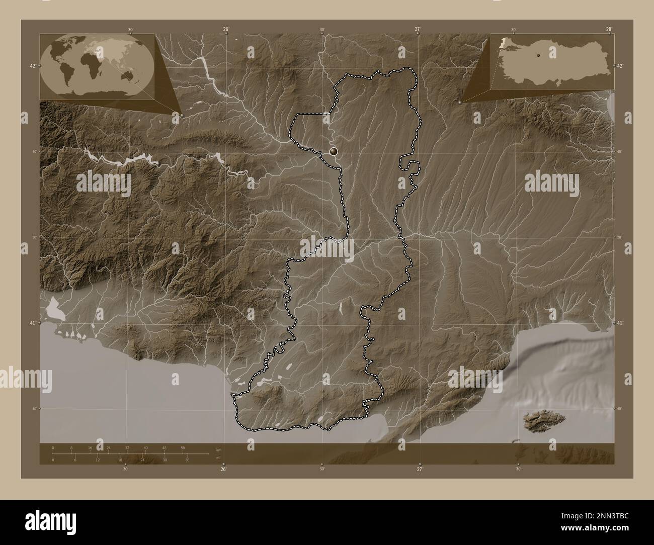Edirne, province of Turkiye. Elevation map colored in sepia tones with ...