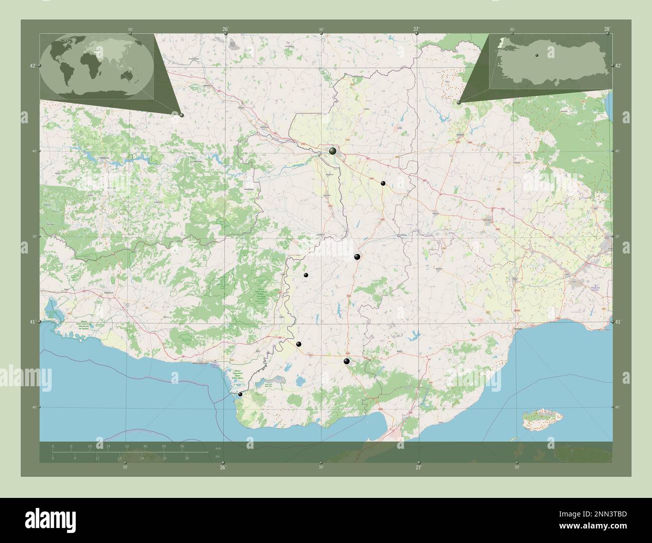 Edirne, province of Turkiye. Open Street Map. Locations of major cities ...