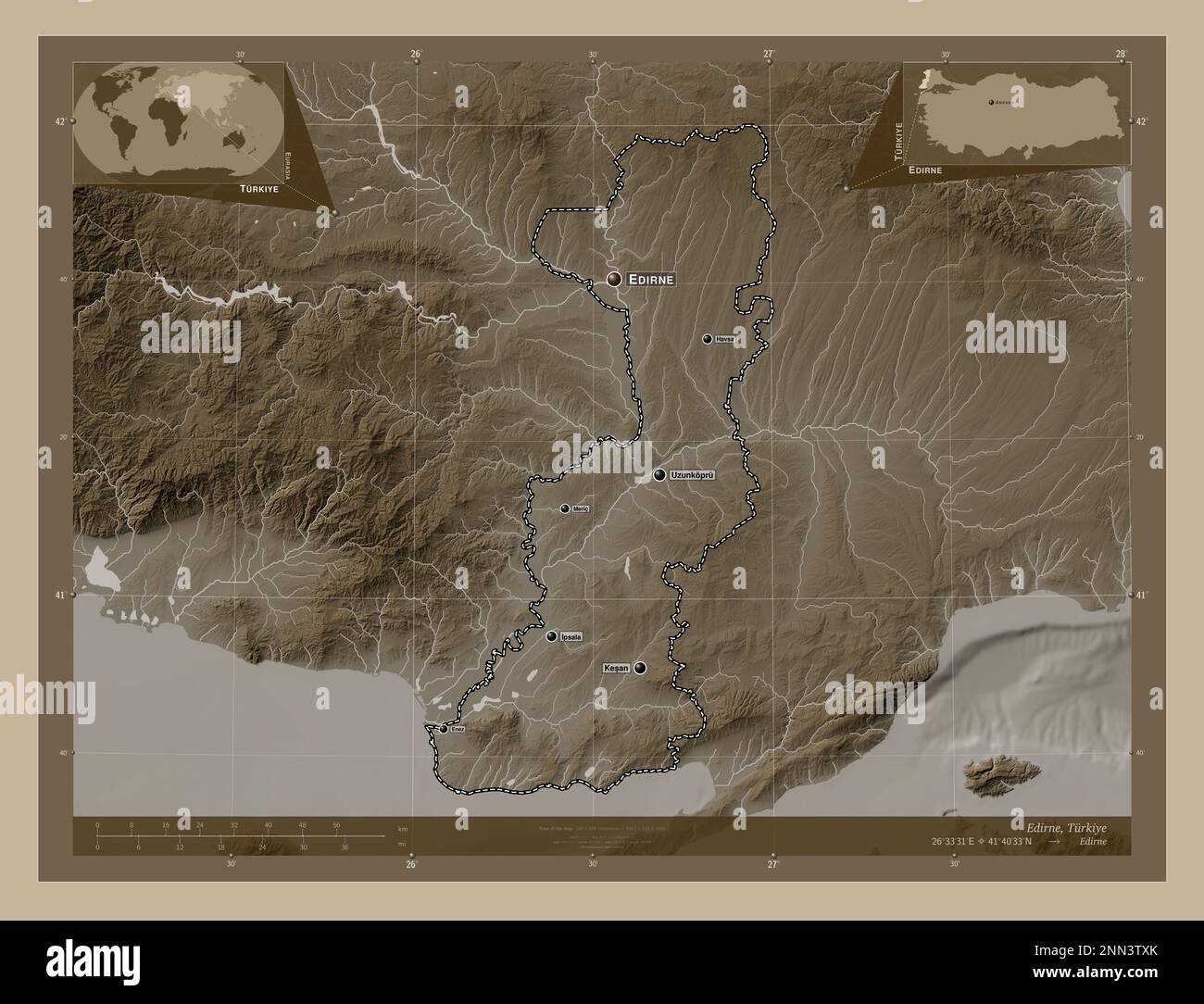 Edirne, province of Turkiye. Elevation map colored in sepia tones with ...