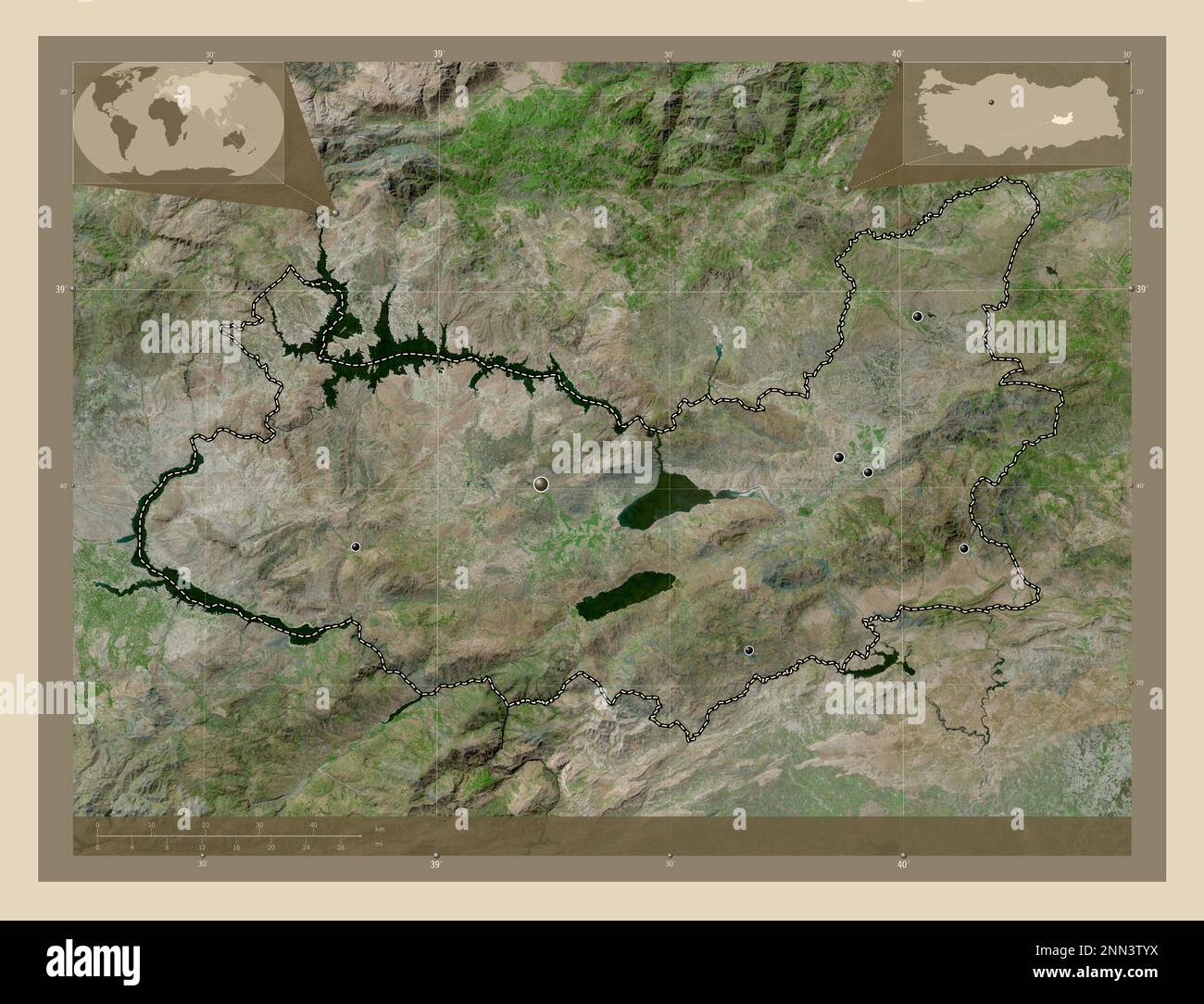 Elazg, province of Turkiye. High resolution satellite map. Locations of ...