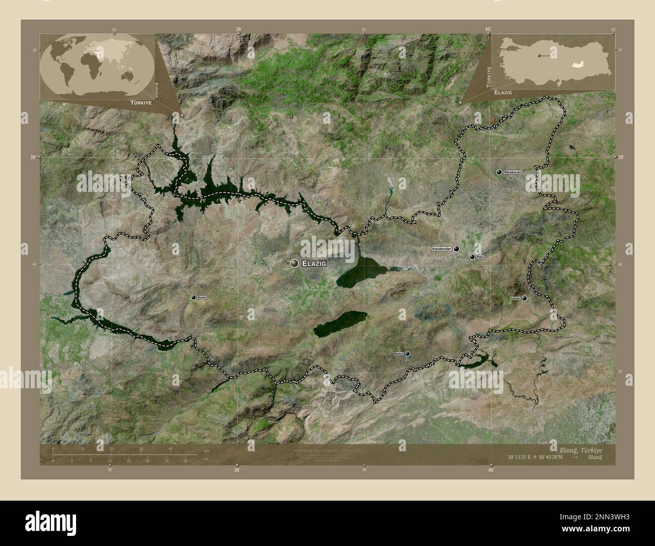 Elazg, province of Turkiye. High resolution satellite map. Locations ...