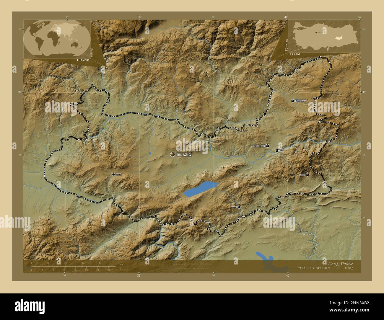 Elazg, province of Turkiye. Colored elevation map with lakes and rivers ...