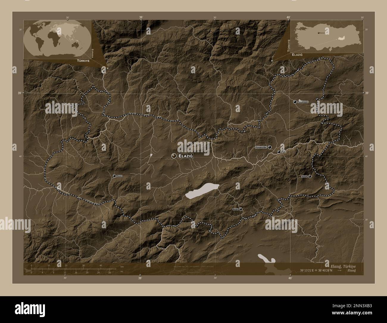 Elazg, province of Turkiye. Elevation map colored in sepia tones with ...