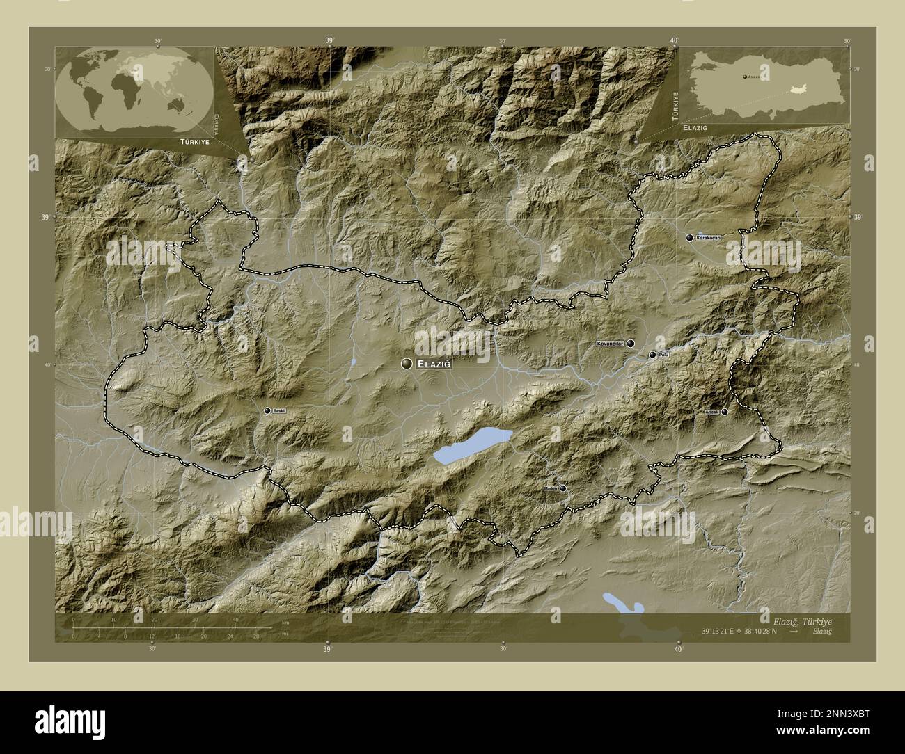 Elazg, province of Turkiye. Elevation map colored in wiki style with ...