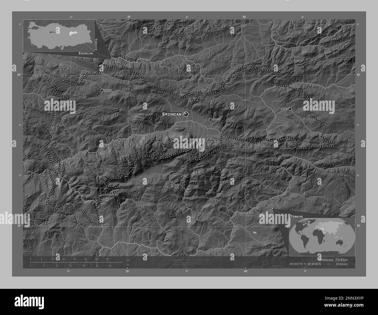 Erzincan, province of Turkiye. Grayscale elevation map with lakes and ...