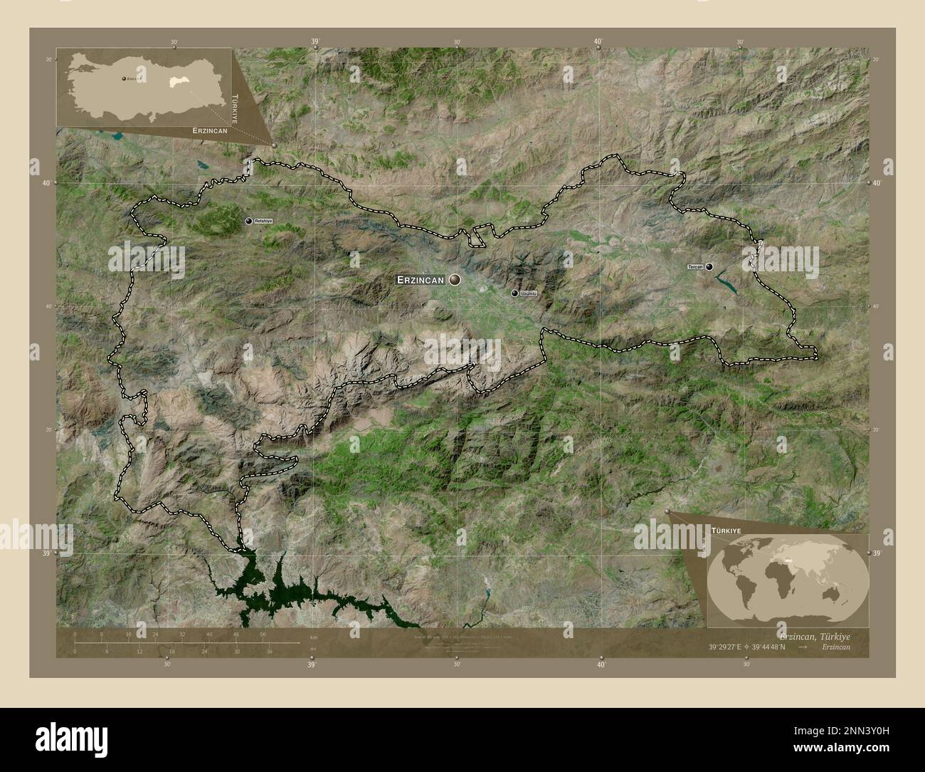 Erzincan, province of Turkiye. High resolution satellite map. Locations ...