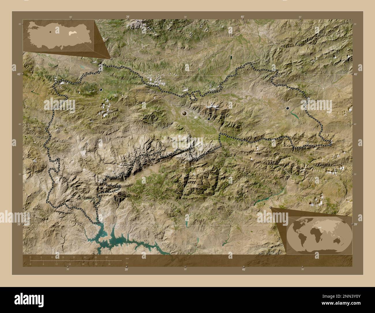 Erzincan, province of Turkiye. Low resolution satellite map. Locations ...