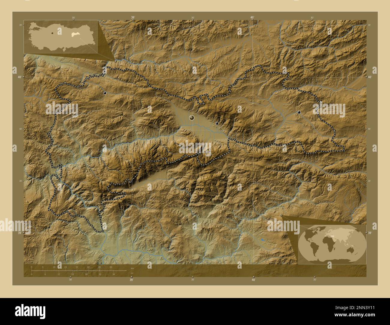 Erzincan, province of Turkiye. Colored elevation map with lakes and ...
