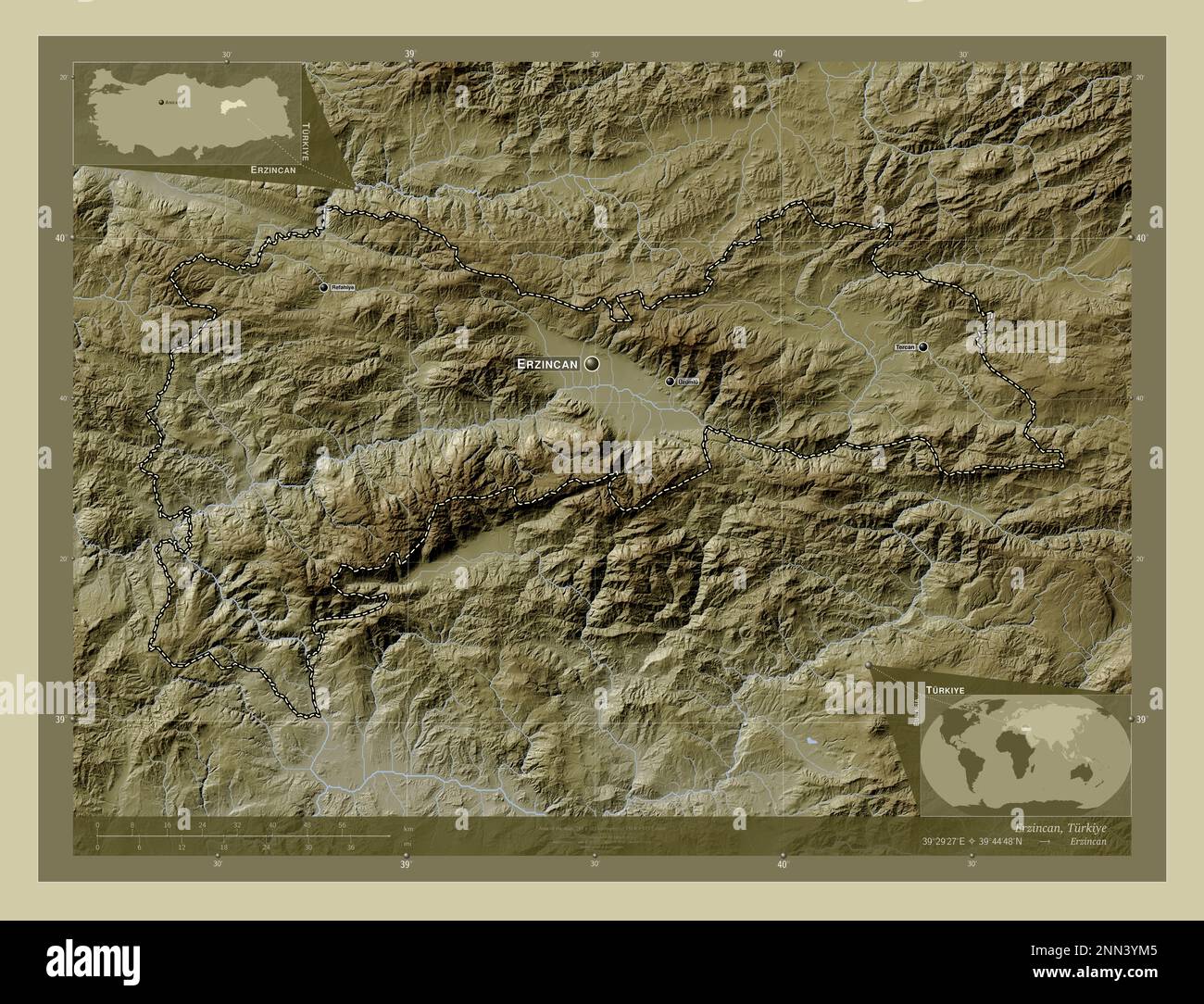 Erzincan, province of Turkiye. Elevation map colored in wiki style with ...
