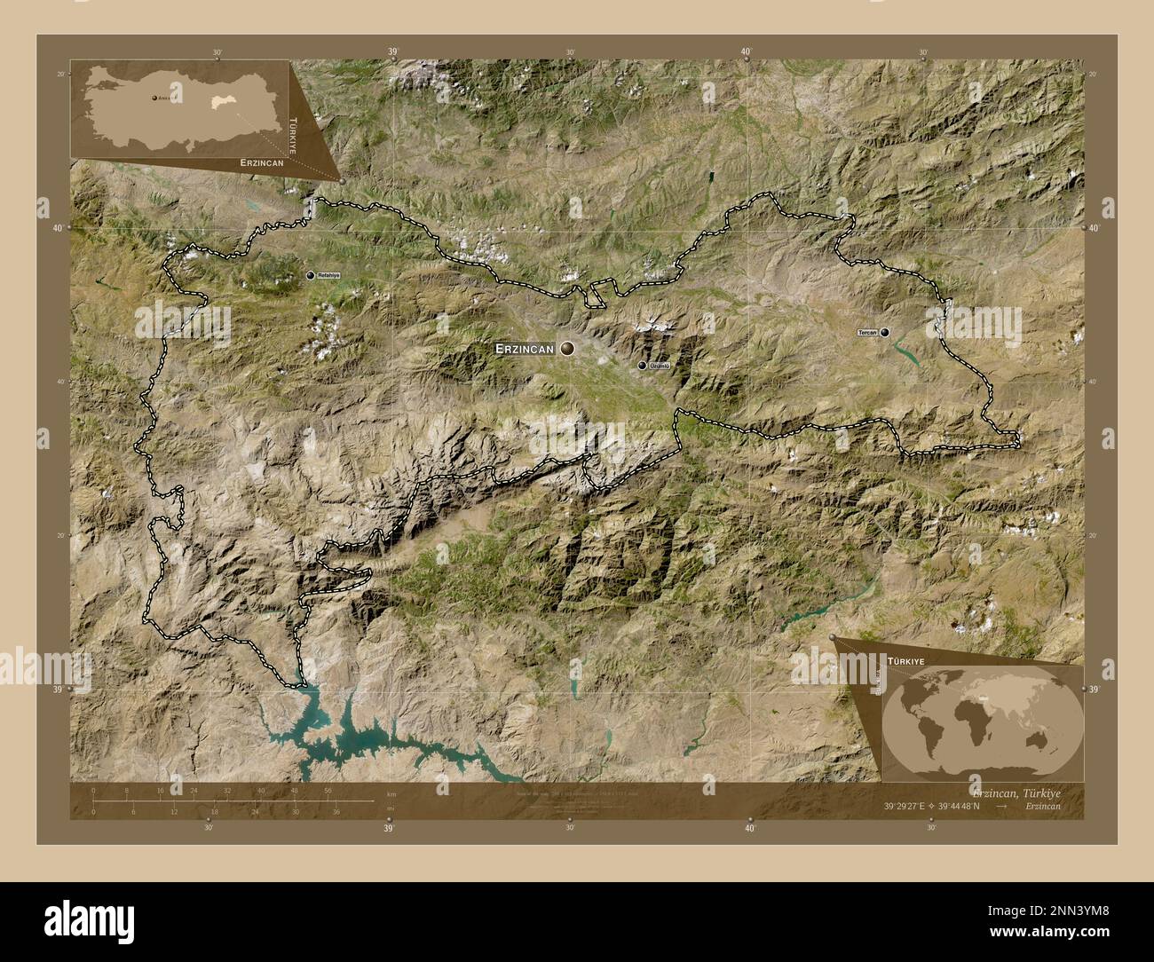 Erzincan, province of Turkiye. Low resolution satellite map. Locations ...
