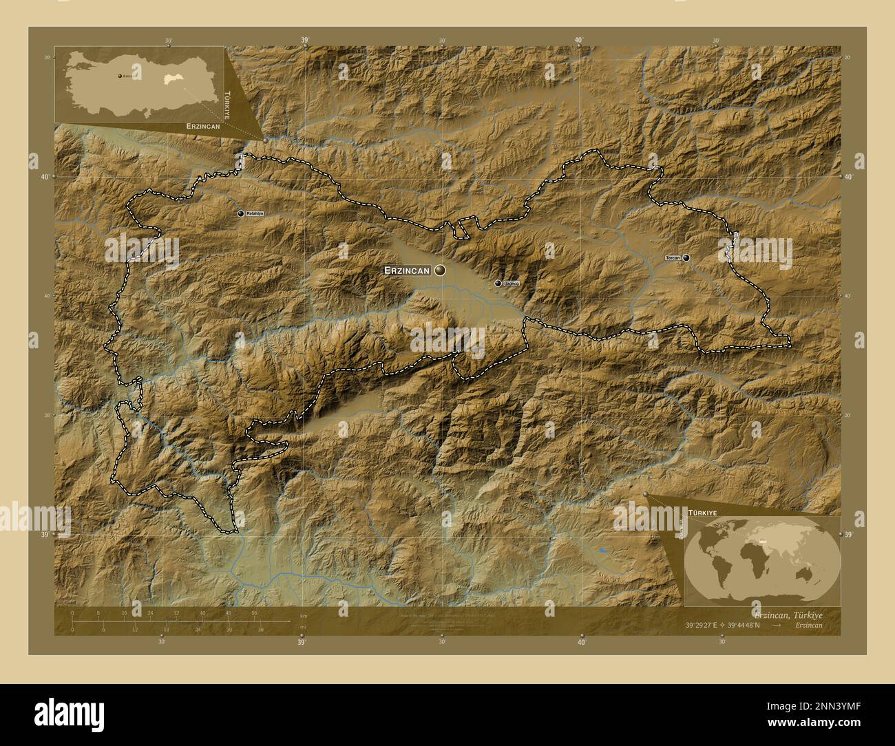 Erzincan, province of Turkiye. Colored elevation map with lakes and ...