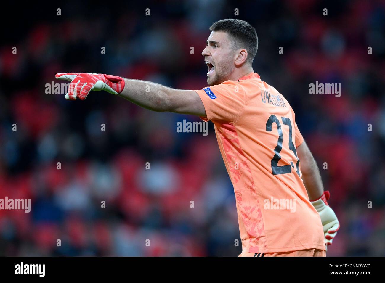 Spain's goalkeeper Unai Simon gestures during the Euro 2020 soccer ...
