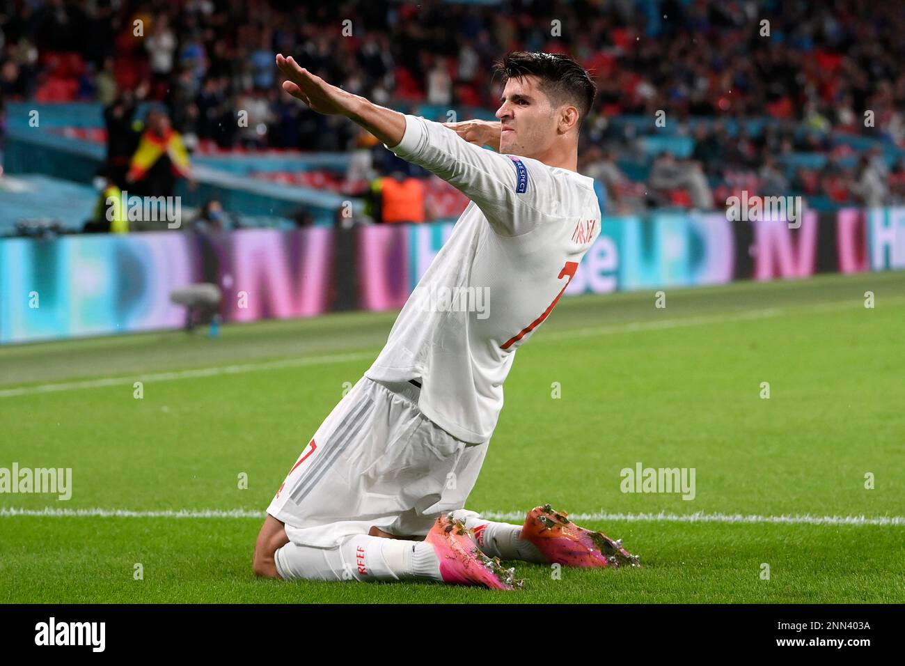 Spain's Alvaro Morata celebrates after scoring his side's opening goal ...