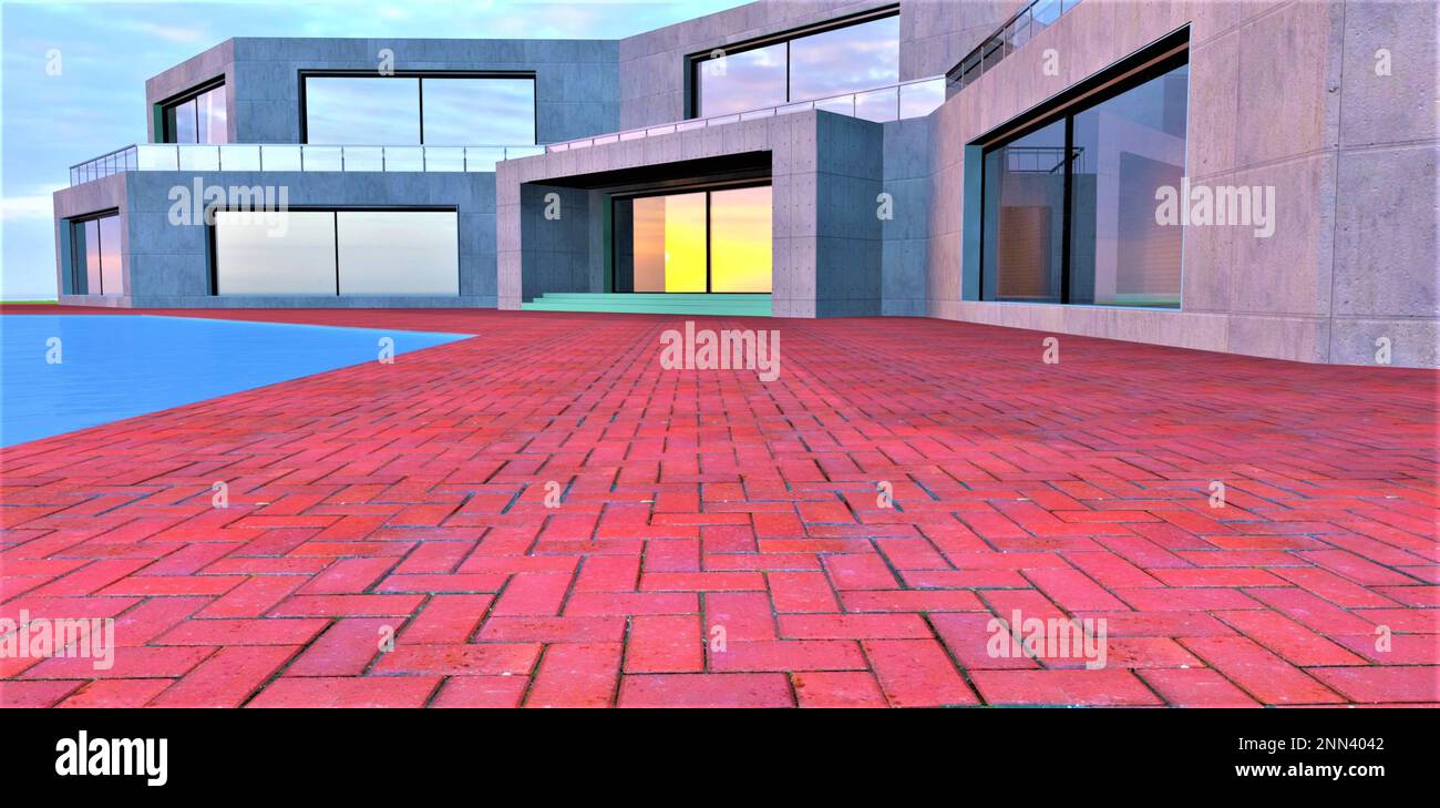 Early morning. Stylish red brick tile in front of the entrance to the ...