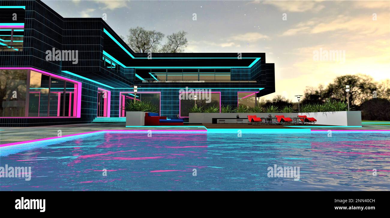 Barely noticeable waves on the surface of the pool, reflecting the neon ...