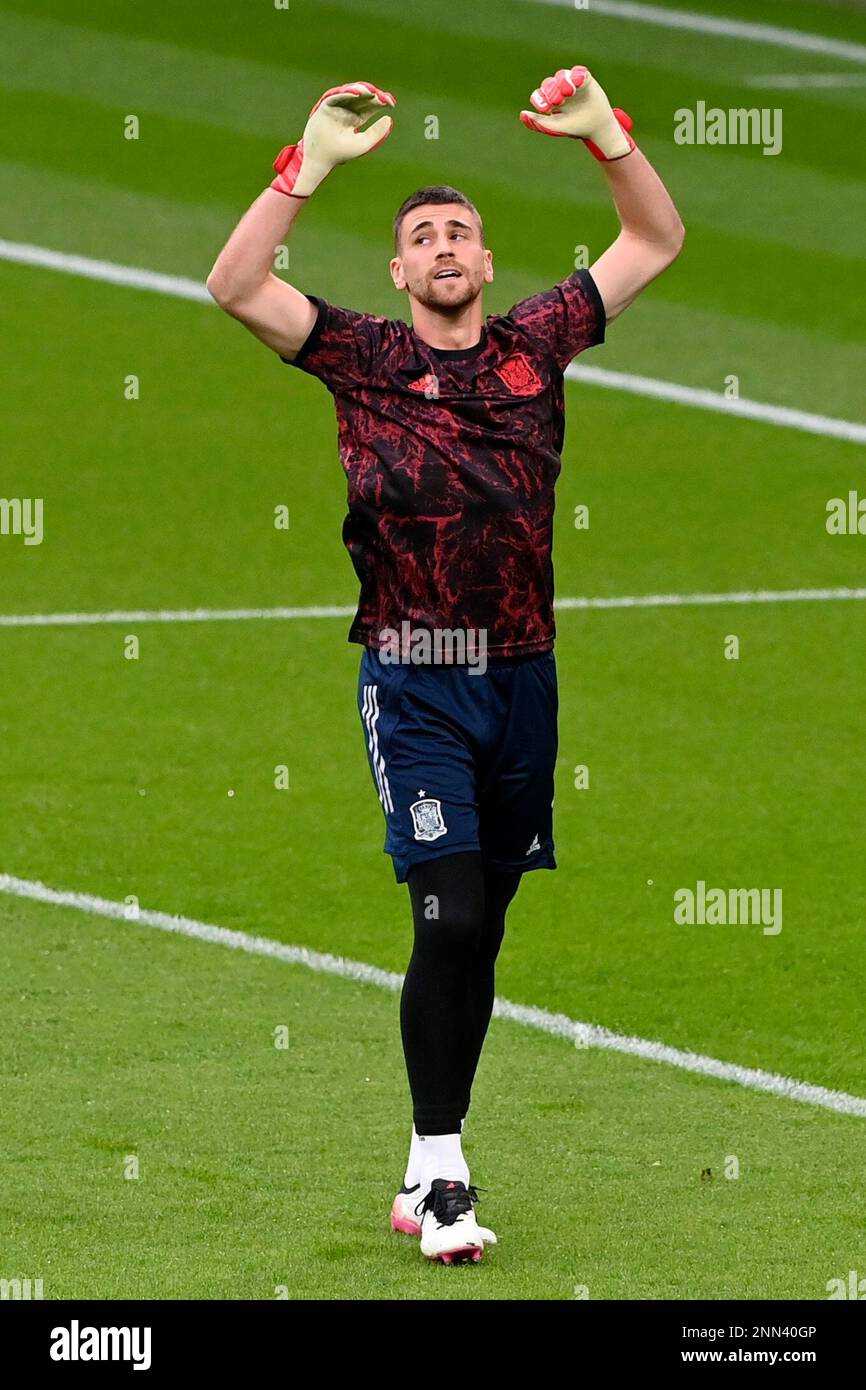 Spain's goalkeeper Unai Simon exercises during warmup before the Euro ...