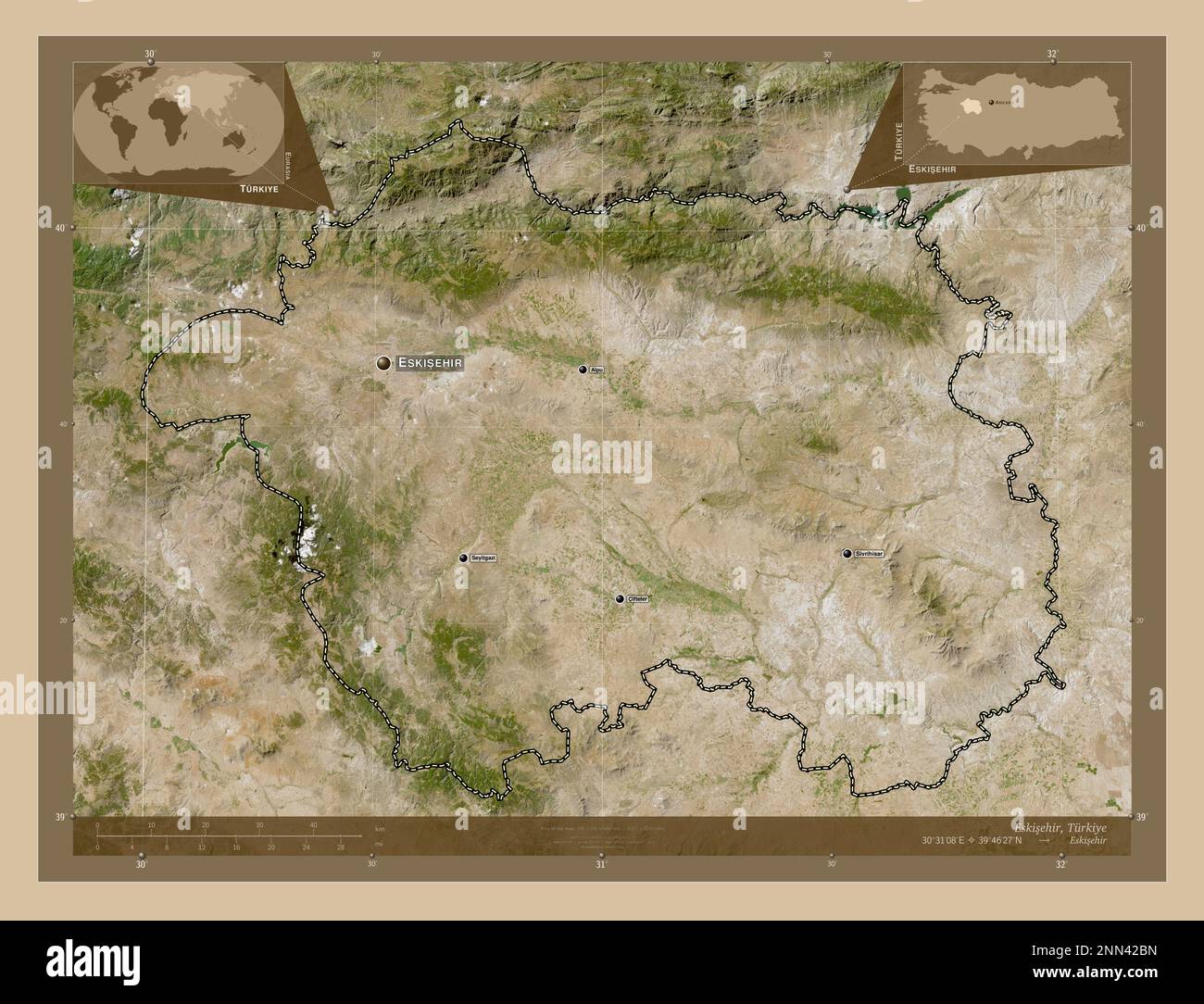 Eskisehir, province of Turkiye. Low resolution satellite map. Locations ...