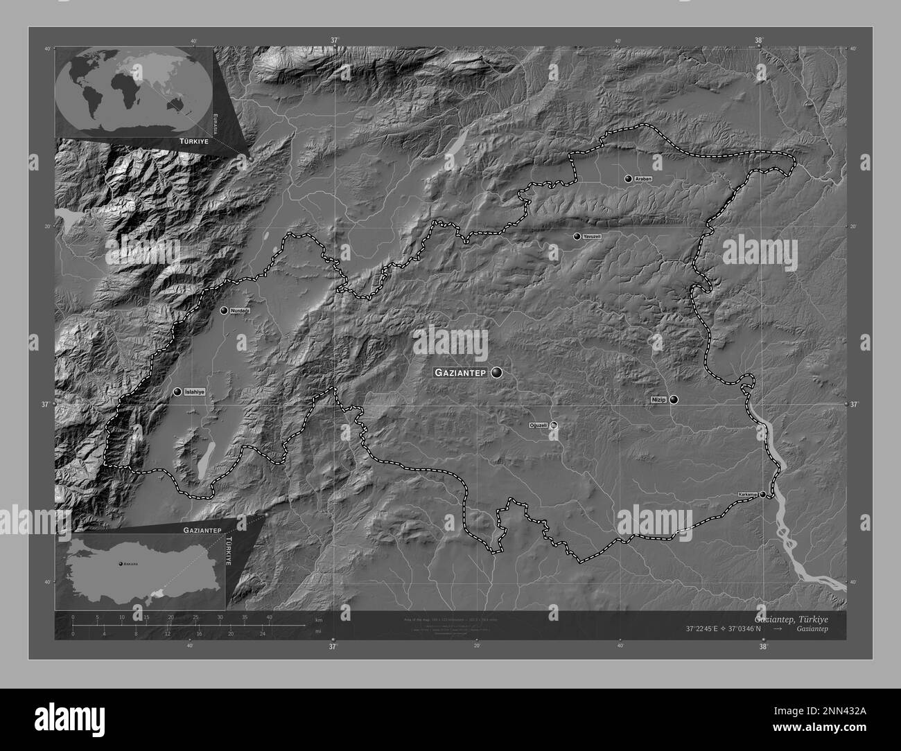 Gaziantep, province of Turkiye. Bilevel elevation map with lakes and ...