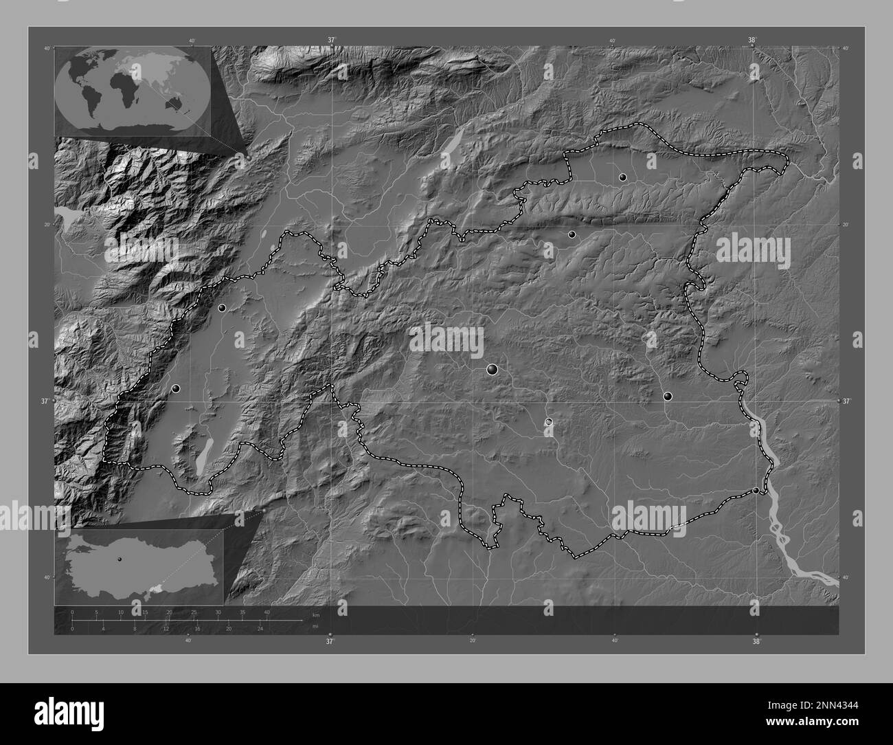 Gaziantep, province of Turkiye. Bilevel elevation map with lakes and ...