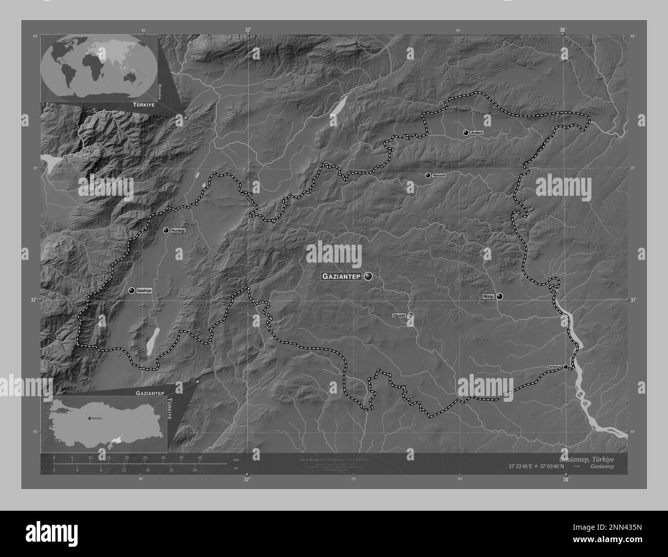Gaziantep, province of Turkiye. Grayscale elevation map with lakes and ...