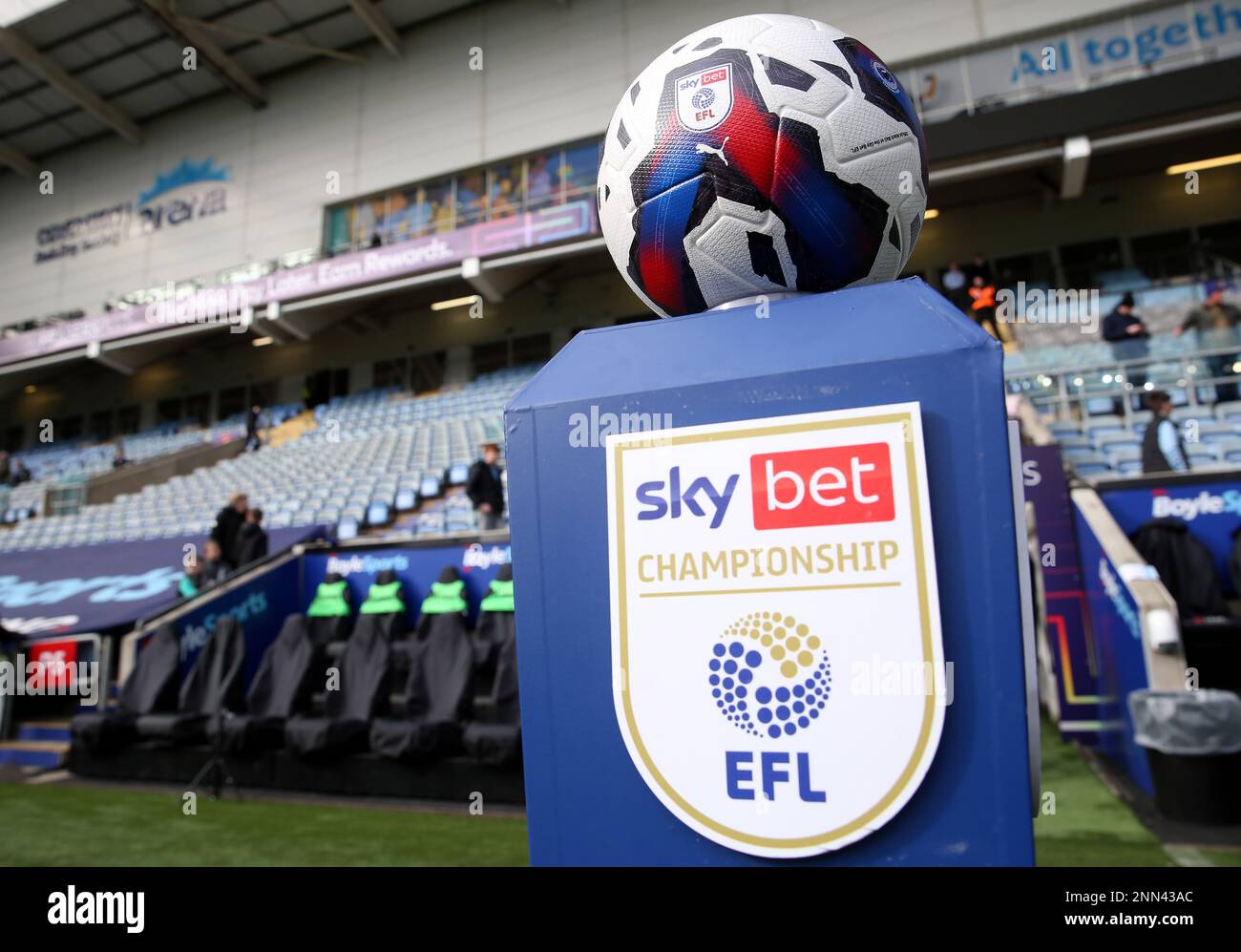 The official Puma Orbita 1 EFL match ball on a plinth before the Sky ...