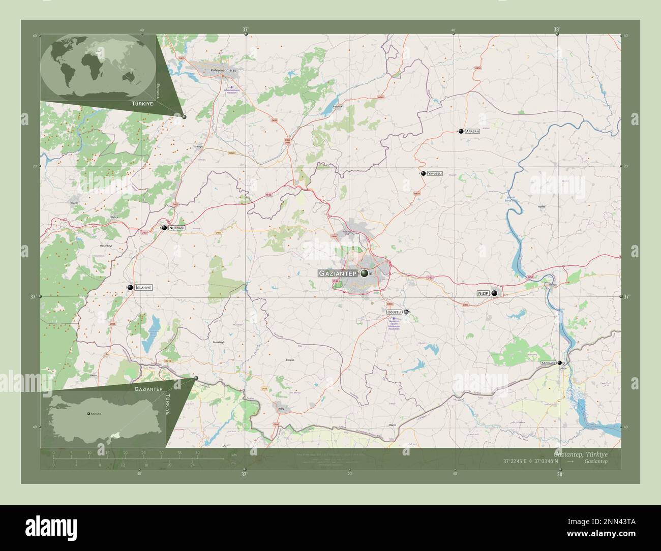 Gaziantep, province of Turkiye. Open Street Map. Locations and names of ...
